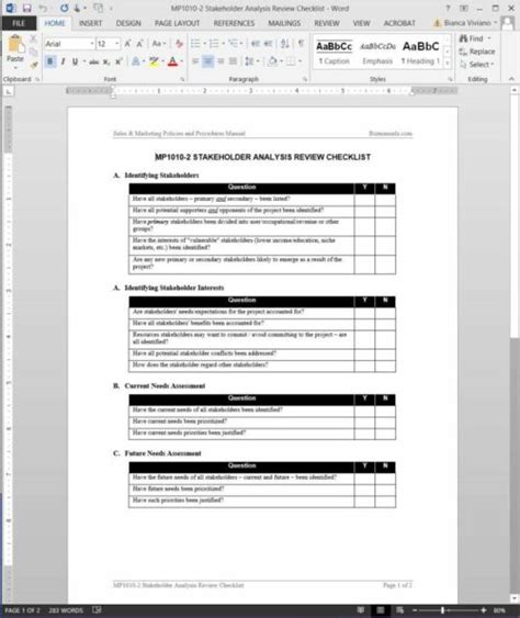 Stakeholder Analysis Review Checklist Template Word