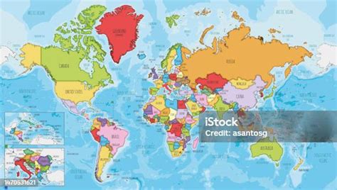 각 국가에 대해 다른 색상의 매우 상세한 세계지도 벡터 그림 편집 가능하고 명확하게 레이블이 지정된 레이어 세계지도에 대한 스톡