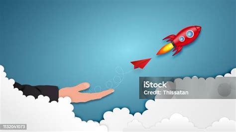사업가의 손에서 비행 하는 빨간 종이 비행기의 사업 성공 디자인 대상으로 로켓 발사 시작 창조적 인 아이디어와 통신 개념 벡터 일러스트 개발에 대한 스톡 벡터 아트 및 기타