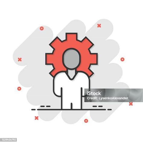 만화 스타일의 기어 아이콘을 가진 사람들 흰색 고립 된 배경에 사람 톱니 바퀴 만화 벡터 그림 팀워크 스플래시 효과 비즈니스 컨셉 0명에 대한 스톡 벡터 아트 및 기타