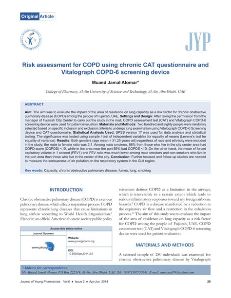 Pdf Risk Assessment For Copd Using Chronic Cat Questionnaire And Vitalograph Copd 6 Screening