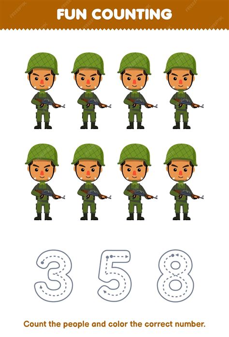 어린이를 위한 교육 게임은 귀여운 만화 군대 인쇄 가능한 직업 워크시트에서 그림을 세고 정확한 숫자를 색칠합니다 프리미엄 벡터