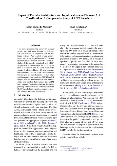 Pdf Impact Of Encoder Architecture And Input Features On Dialogue Act Classification A