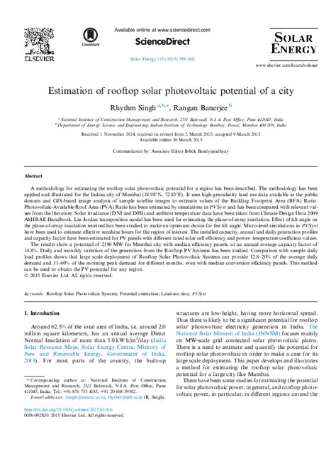 Pdf Estimation Of Rooftop Solar Photovoltaic Potential Of A City