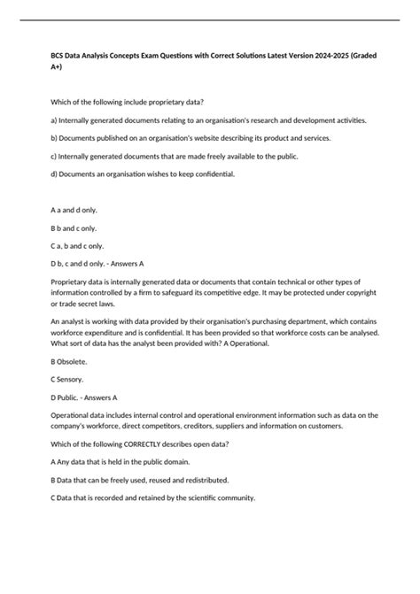 Bcs Data Analysis Concepts Exam Questions With Correct Solutions Latest Version Graded A