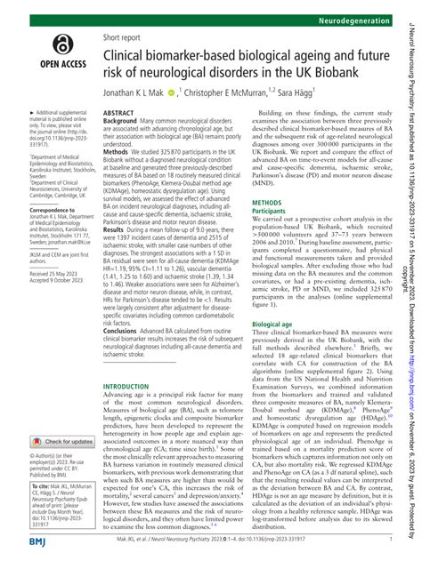 Pdf Clinical Biomarker Based Biological Ageing And Future Risk Of Neurological Disorders In