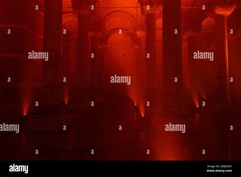 Basilica Cistern View With Red Ambient Light Yerebatan Sarnici In