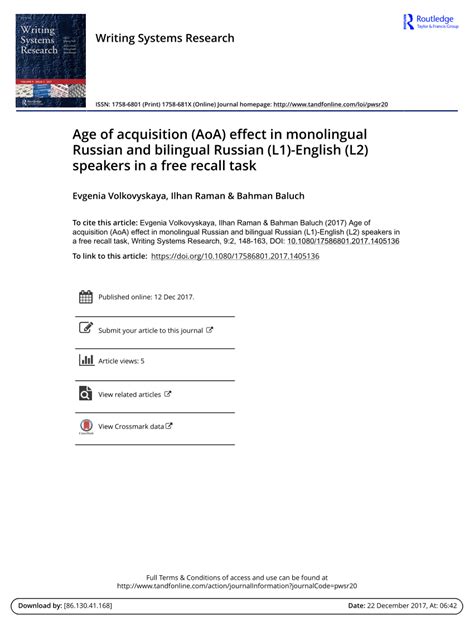 Pdf Age Of Acquisition Aoa Effect In Monolingual Russian And Bilingual Russian L1 English