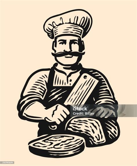 정육점 칼로 고기를 자르는 요리사 그릴 레스토랑의 엠블럼 또는 로고 스테이크 하우스의 메뉴 빈티지 벡터 일러스트 레이 션 고기에