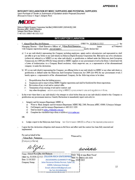 Integrity Declaration Appendix E Kuching Pdf Governance Justice