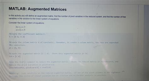 Matlab Augmented Matrices In This Activity You Will