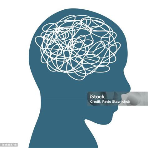 인간 머리 실루엣 심리 치료 개념 낙서 브레인 스토밍 심리적 외상 남자 머리에 얽힌 매듭이있는 뇌 기분 장애 또는 정신 건강 문제 정신 문제 해결 감정에 대한 스톡 벡터