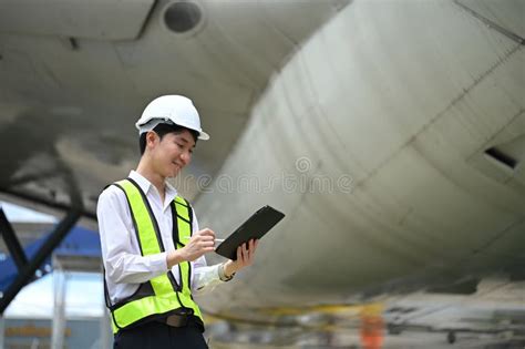 Male Engineer Or Aviation Technician Using Digital Tablet In Front Of Large Aircraft Engine