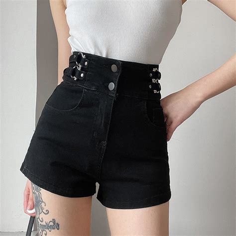 Funoff กางเกงยีนขาสั้น เอวสูง ทรงตรง เข้ารูป ขนาดเล็ก สไตล์เรโทร สําหรับผู้หญิง 20210608