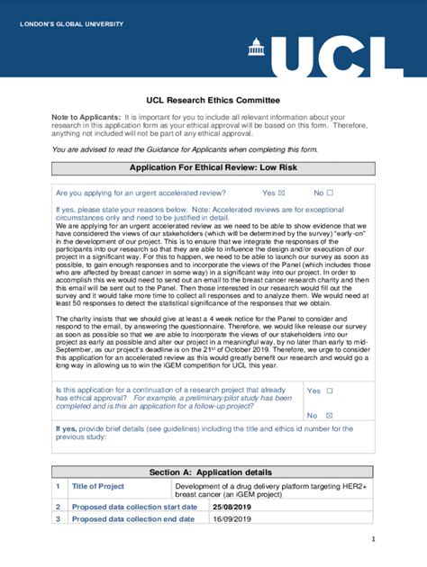 Fillable Online Ucl Research Ethics Committee Application For Ethical Review Fax Email Print