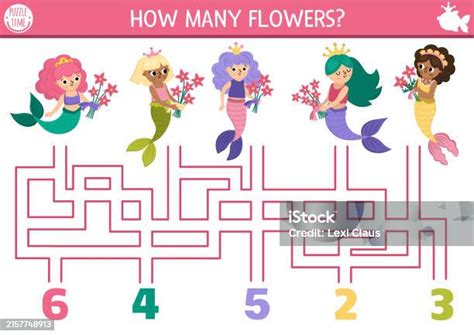 해초 꽃다발을 가진 아이들을 위한 인어 카운팅 미로 해양 유치원 인쇄 가능한 활동 동화 바다 왕국 미로 게임 퍼즐 바다 공주와 함께하는 수생활 수학 워크시트 가공의 인물에