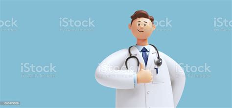 3d 렌더링 만화 캐릭터 젊은 백인 남자 의사 유니폼을 입고 제스처 엄지 손가락처럼 보여줍니다 파란 배경에 고립 된 의료 클립 아트 건강 관리 권장 사항 사람들에 대한 스톡