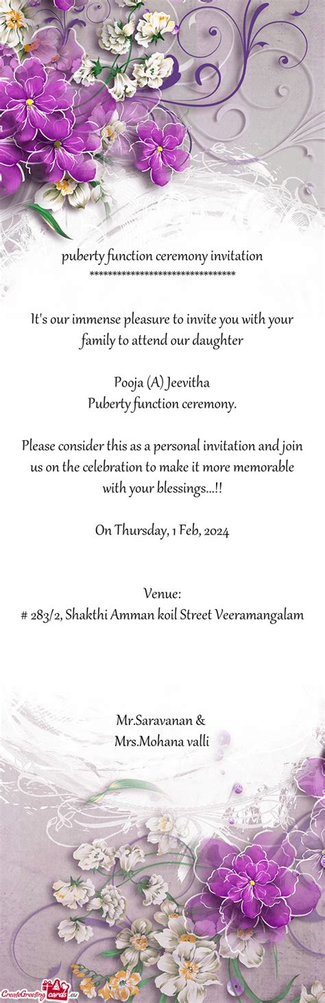 Puberty Function Ceremony Invitation Free Cards