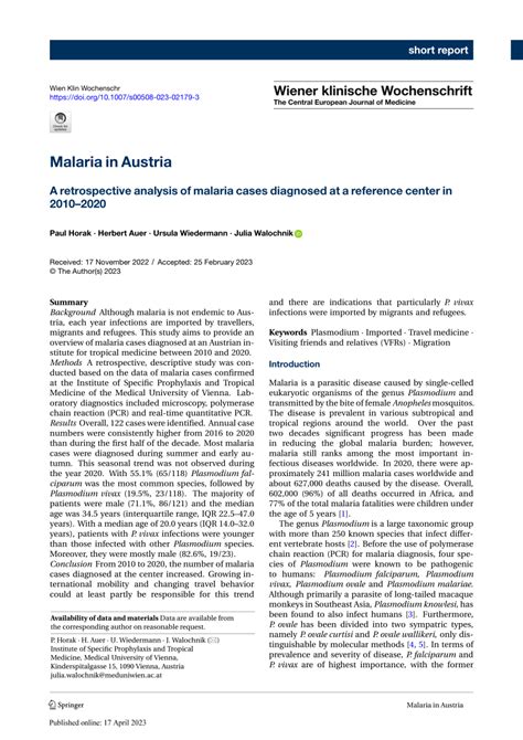 Pdf Malaria In Austria A Retrospective Analysis Of Malaria Cases Diagnosed At A Reference