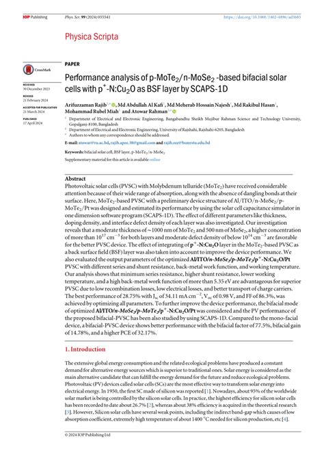 performance analysis of p mote2 n mose2 based bifacial solar cells with p n cu2o as bsf layer