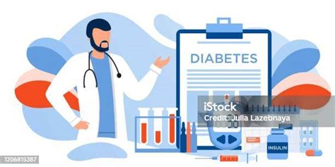 의학 당뇨병 유형 2 개념 설탕 수준을 측정하기위한 글루컴터 혈액 포도 당 미터 알 약 주사기와 유리병 인슐린 생산 실험실 테스트 장비와 의사 벡터 배너 템플릿 건강관리와