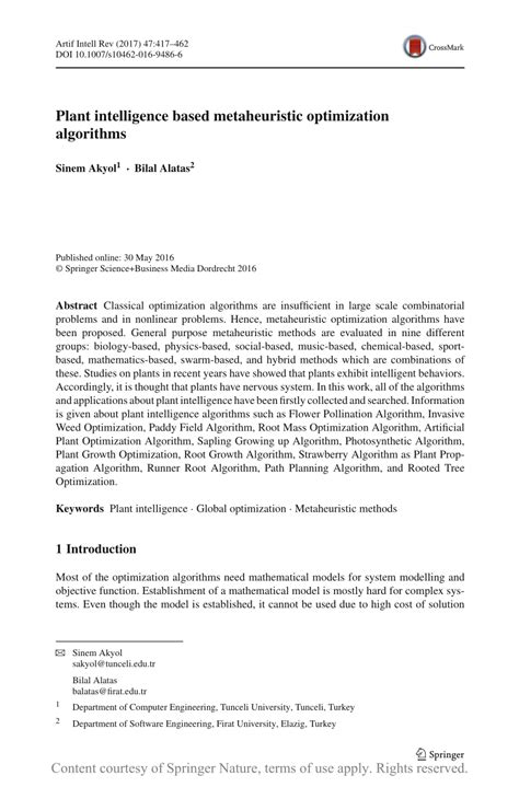 Plant Intelligence Based Metaheuristic Optimization Algorithms