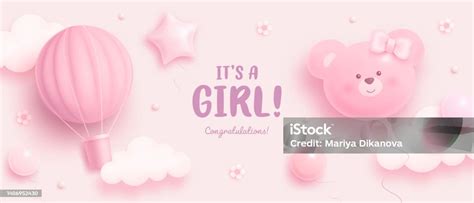분홍색 배경에 만화 열기구 헬륨 풍선 및 꽃이있는 베이비 샤워 수평 배너 그것은 여자입니다 벡터 일러스트 레이 션 0명에 대한 스톡 벡터 아트 및 기타 이미지 Istock