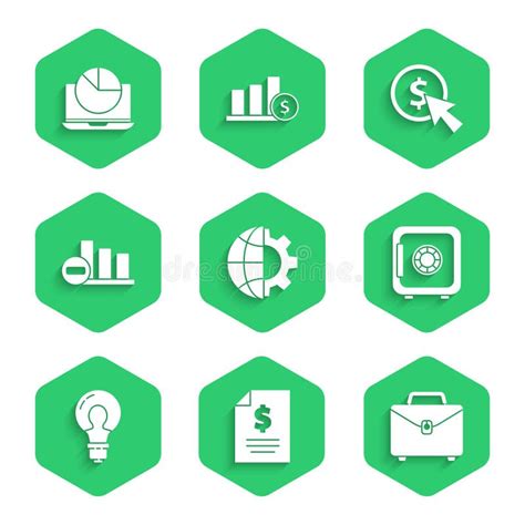 Set Globe Of The Earth And Gear Contract Money Briefcase Safe Light Bulb With Concept Idea