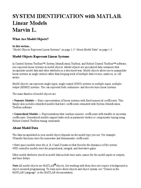 System Identification With Matlab Linear Models Pdf Nonlinear System Ordinary