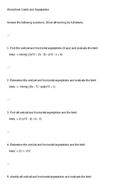 Limits And Asymptotes Worksheet Worksheet Limits And Asymptotes