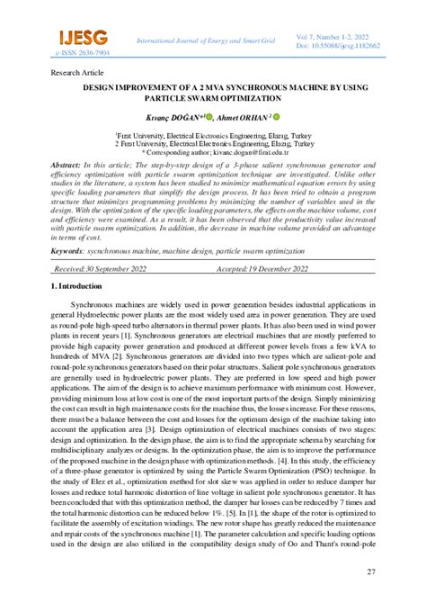 Pdf Design Improvement Of A 2 Mva Synchronous Machine By Using Particle Swarm Optimization