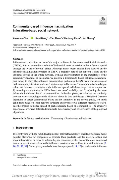 Community Based Influence Maximization In Location Based Social Network Request Pdf