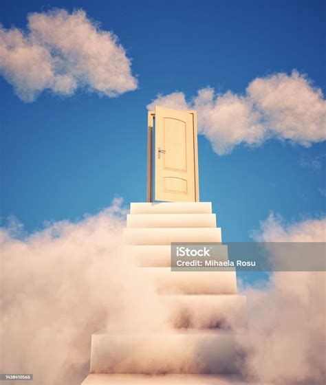 하늘로 향하는 열린 문으로 이어지는 계단 성공 개념으로 가는 길 3차원 형태에 대한 스톡 사진 및 기타 이미지 3차원 형태 개념 개념과 주제 Istock