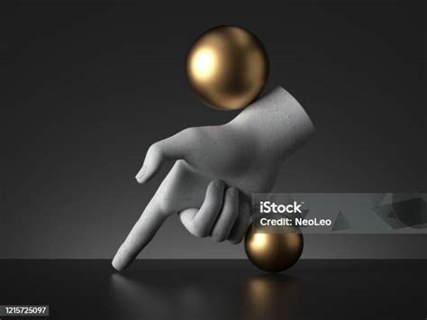 3d 렌더링 마네킹 손과 황금 공 검은 배경에 고립 된 아래로 가리키는 손가락 방향 제스처 마법의 트릭 최소한의 패션 개념