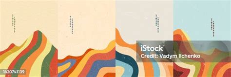 벡터 그림입니다 중반 세기 현대 그래픽 50 년대 60 년대 복고풍 예술 그런지 긁힌 텍스처 미니멀 한 산 풍경 포스터 초대 장 책 표지 잡지에 대한 디자인 요소 0명에