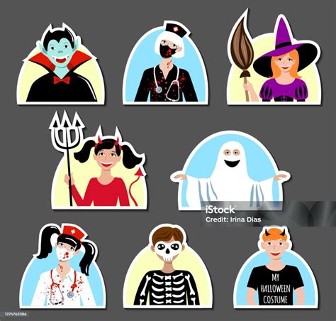 할로윈 의상 스티커 세트에 어린이 손으로 그려진 플랫 마녀 드라큘라 악마 유령 해골 피 묻은 간호사 인쇄 할 준비가 되었습니다 소셜 미디어 아바타 초상화 스톡 벡터