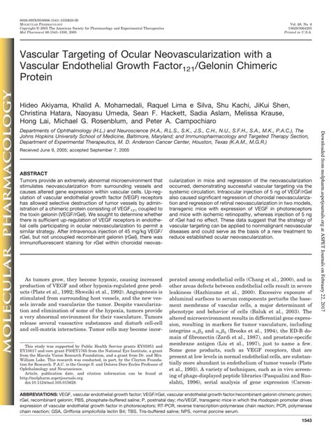 Pdf Vascular Targeting Of Ocular Neovascularization With A Vegf121 Gelonin Chimeric Protein