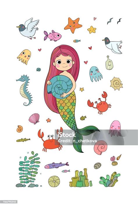 해양 일러스트 세트입니다 작은 귀여운 만화 인어 재미있는 물고기 불가사리 메모 조류 다양한 껍질과 게와 병 바다 테마입니다 흰색 배경에 격리된 개체입니다 개체 그룹에 대한
