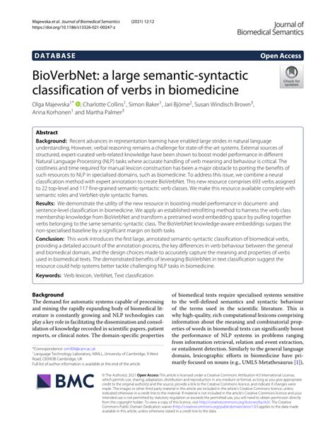 Pdf Bioverbnet A Large Semantic Syntactic Classification Of Verbs In Biomedicine