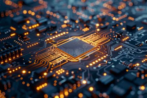 Close Up View Of A Microchip With Illuminated Circuits And Processors Stock Image Image Of