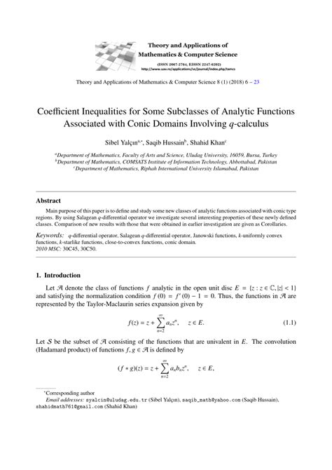 PDF Coefficient Inequalities For Some Subclasses Of Analytic Functions Associated With Conic
