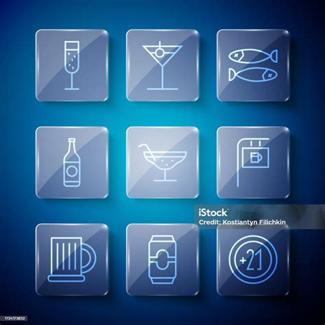세트 라인 나무 맥주 머그잔 맥주 캔 알코올 21 플러스 건어물 칵테일 병 샴페인 한 잔 바 아이콘이 있는 거리 간판 벡터 0명에 대한 스톡 벡터 아트 및 기타 이미지