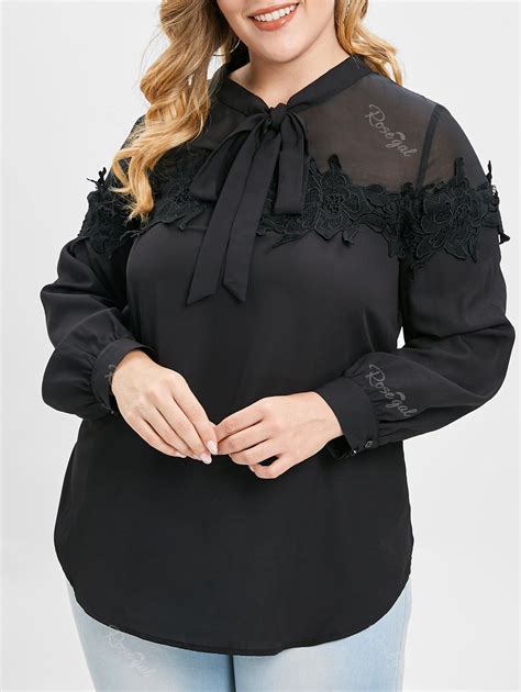 70 Off Plus Size Bow Tie Neck Lace Flower Chiffon Blouse Rosegal