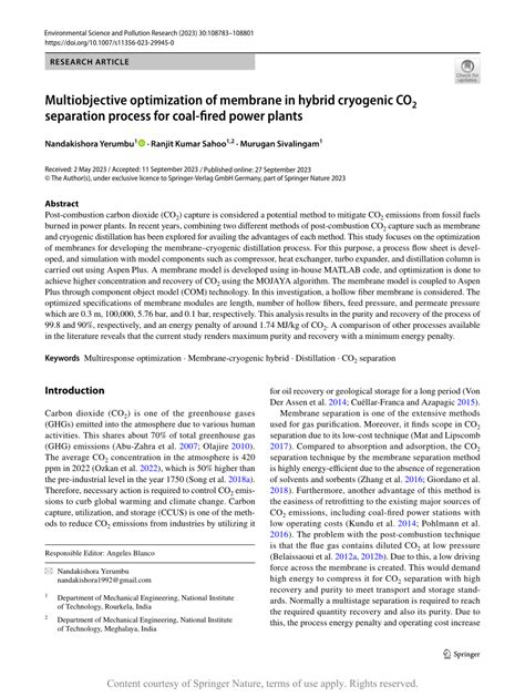 Multiobjective Optimization Of Membrane In Hybrid Cryogenic Co2 Separation Process For Coal