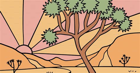 나무 풍경이 있는 조슈아 사막 애리조나 대초원 길 협곡 바위가 있는 미국 서부 자연 먼지 투성이의 사막 손으로 그린 선형 벡터 그림 사진 Unsplash의 벡터 이미지