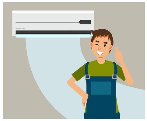 서비스 및 에어컨 수리의 평면 만화 그림 에어컨 수리를 마친 후 수리공 엄지 손가락 프리미엄 벡터