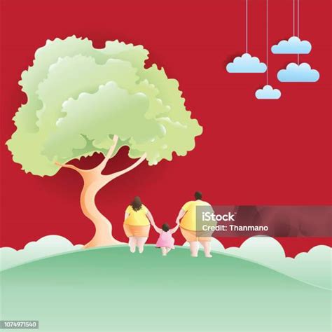 파스텔 컬러 종이 공예 스타일 디지털 벡터 일러스트 레이 션 여름 휴가 개념 트리 아래 행복 휴가 함께 걷기에 가족 가족에 대한 스톡 벡터 아트 및 기타 이미지 Istock