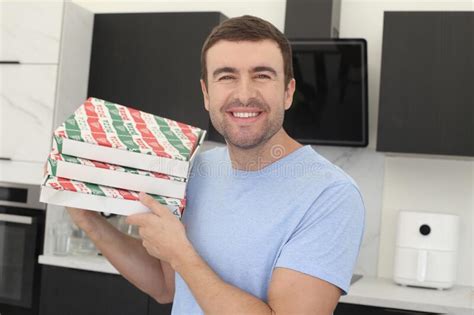 Man Holding Two Pizza Boxes At Home Stock Image Image Of Inside Delivery