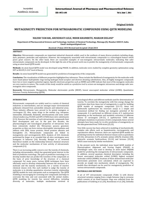 Pdf Mutagenicity Prediction For Nitroaromatic Compounds Using Qstr