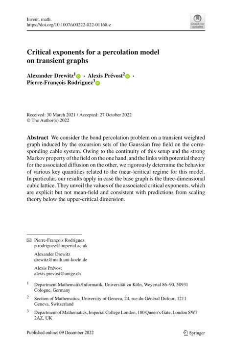 Pdf Critical Exponents For A Percolation Model On Transient Graphs